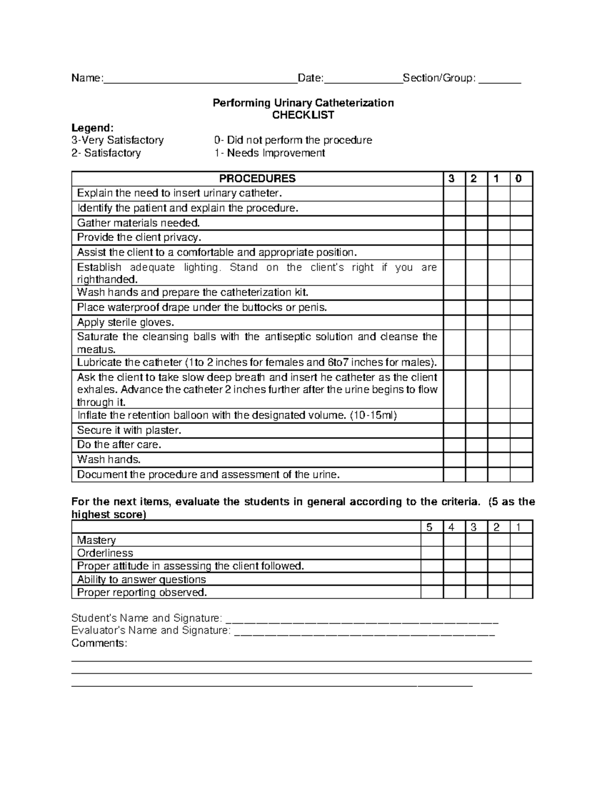IFC Insertion & Procedure Checklist for Urinary Catheterization - Studocu