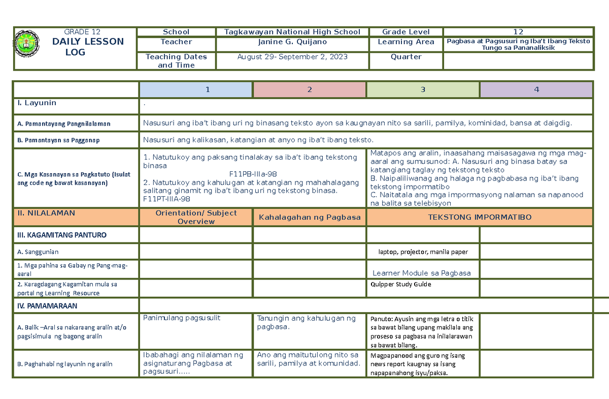 DLL Pagbasa WEEK 1 - DLL - GRADE 12 DAILY LESSON LOG School Tagkawayan ...