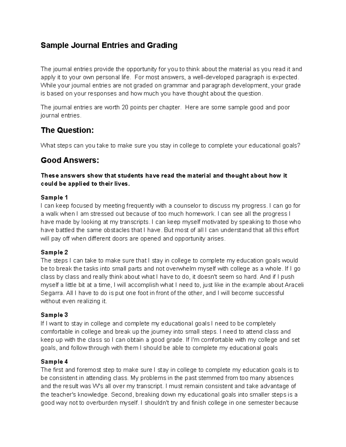 Sample Journal Entries Grading for Educational Goals - Studocu