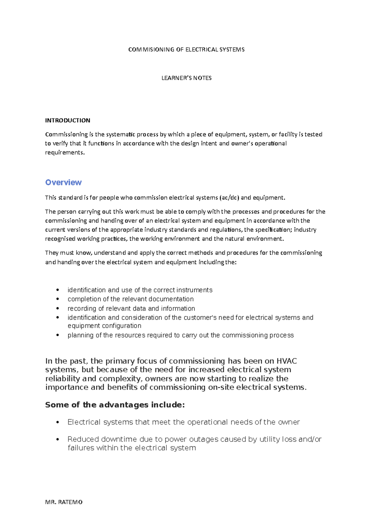 Commissioning of Electrical Systems (ELECT101) - Comprehensive Learner ...