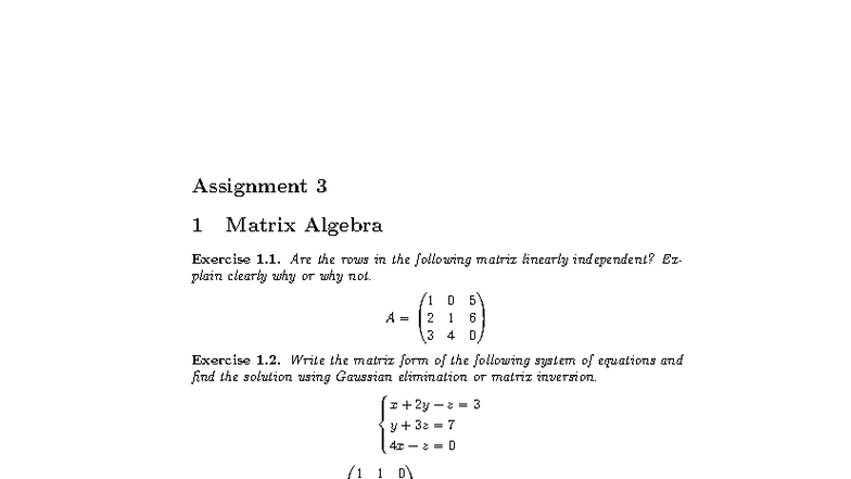 Assignment 3: Matrix Algebra & Optimization Exercises - Studocu