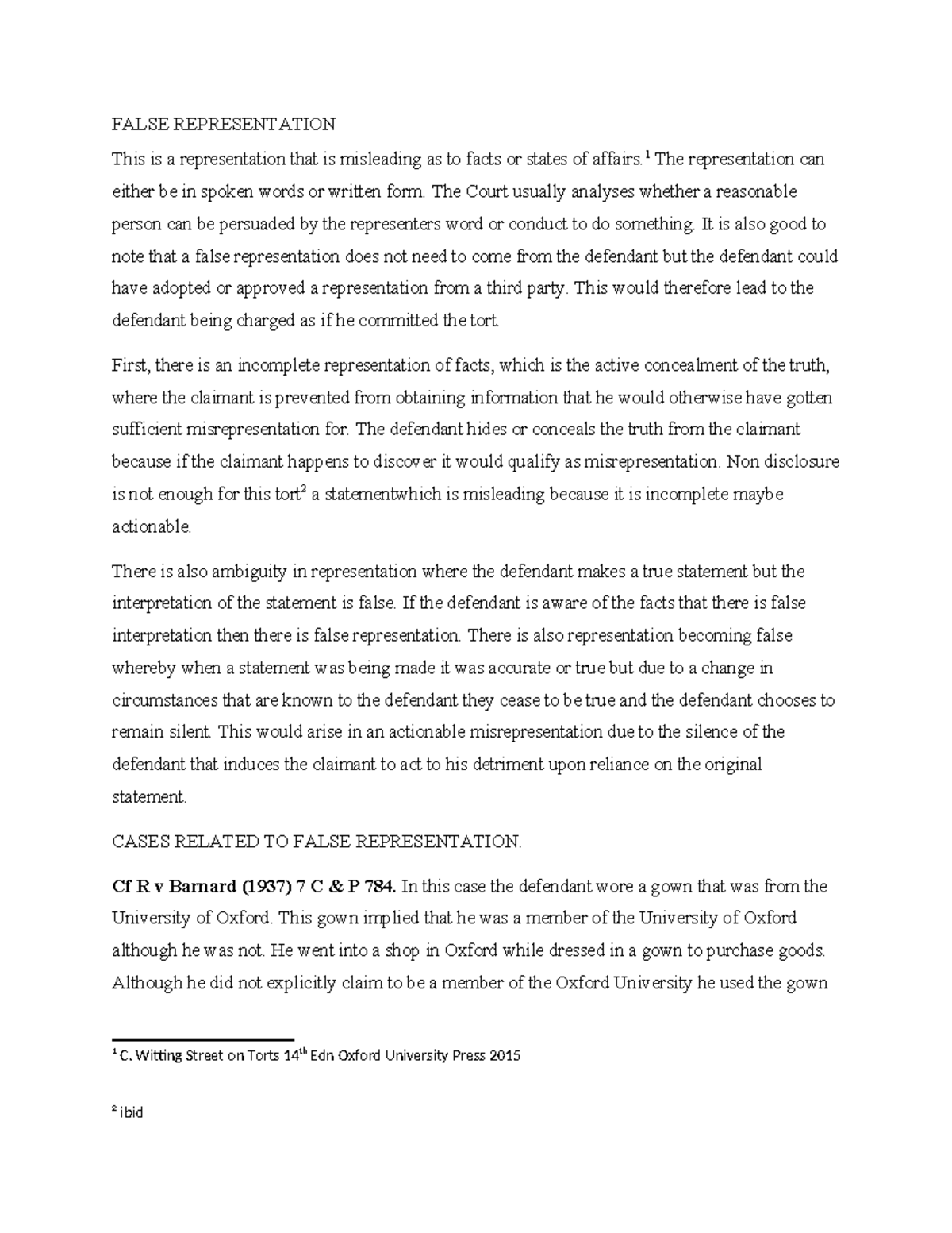 False Representation - Helpful notes - FALSE REPRESENTATION This is a ...