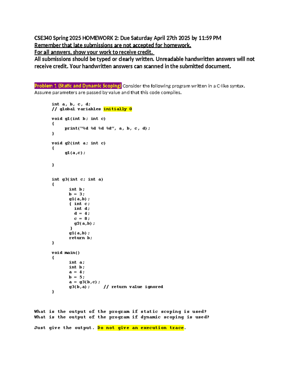 CSE340 S25 Homework 2: Scoping and Type Checking Problems - Studocu