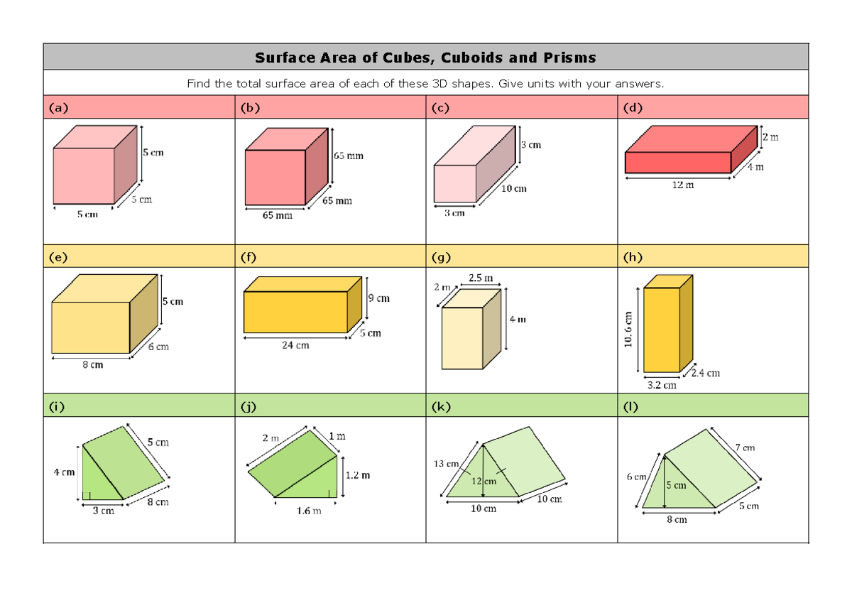 Surface Area of Cubes Cuboids and Prisms Practice Worksheet - Maths ...