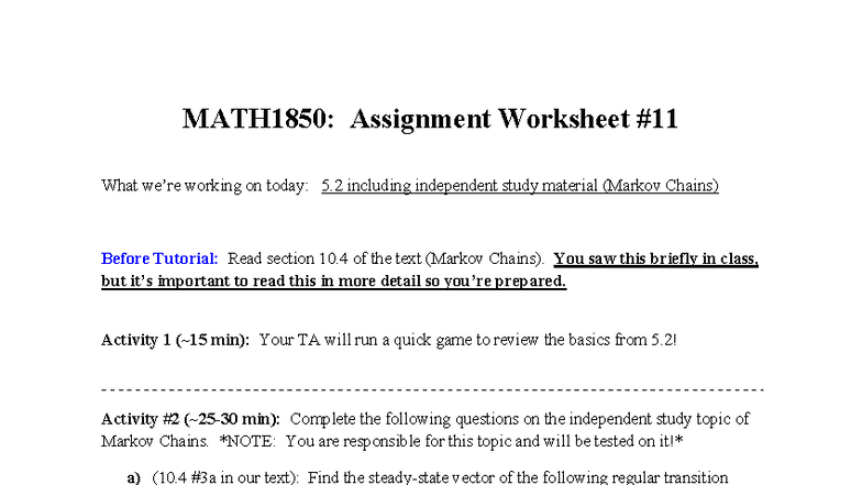 MATH1850: Tutorial Worksheet on Markov Chains and Transition Matrices ...