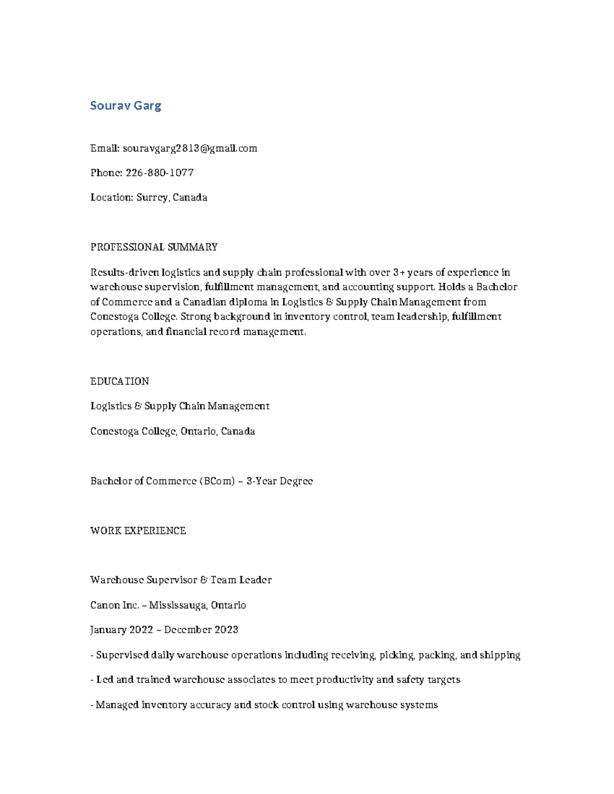 Sourav Garg Full Resume: Logistics & Supply Chain Professional - Studocu