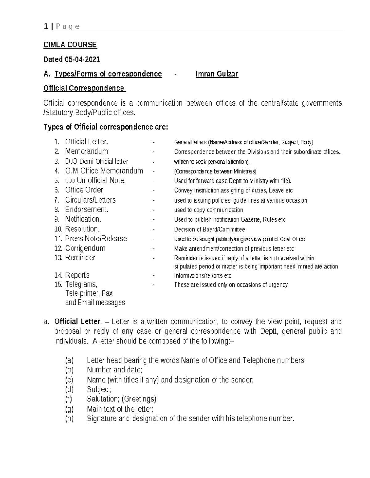 CIMLA Course: Official Correspondence Types - Noting & Drafting ...