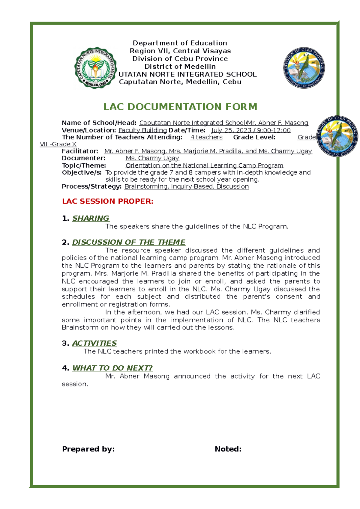 LAC Session 1 Documentation - NLC Orientation for Teachers (July 25 ...