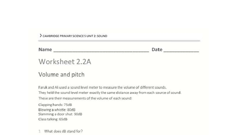 CAMBRIDGE PRIMARY SCIENCE 5 UNIT 2: SOUND Worksheets on Volume & Pitch ...