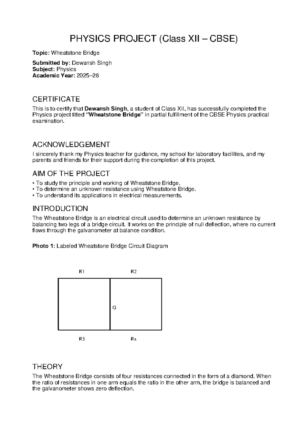 Wheatstone Bridge Project Report (Class XII CBSE) - Studocu