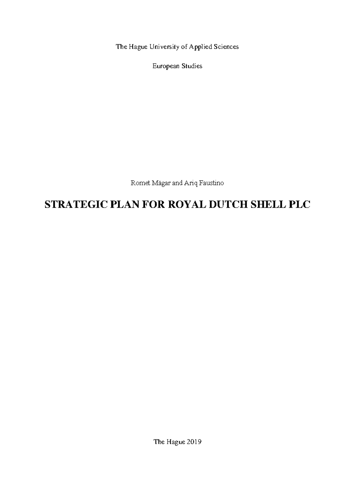 Strategic PLAN FOR Royal Dutch Shell PLC - The Hague University of ...