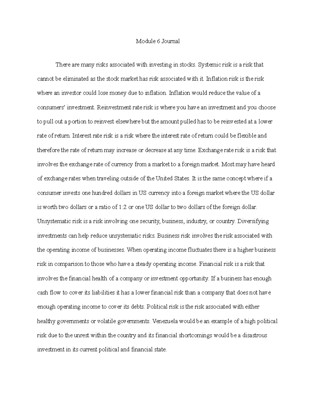 Module 6 Journal: Understanding Stock Market Risks and Returns - Studocu
