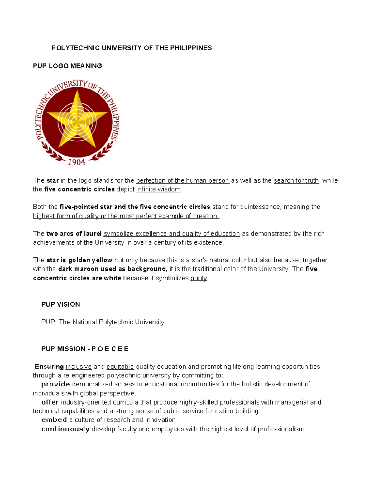 Analyzing PUP: Vision, Mission, Goals, and Logo Meaning - Studocu