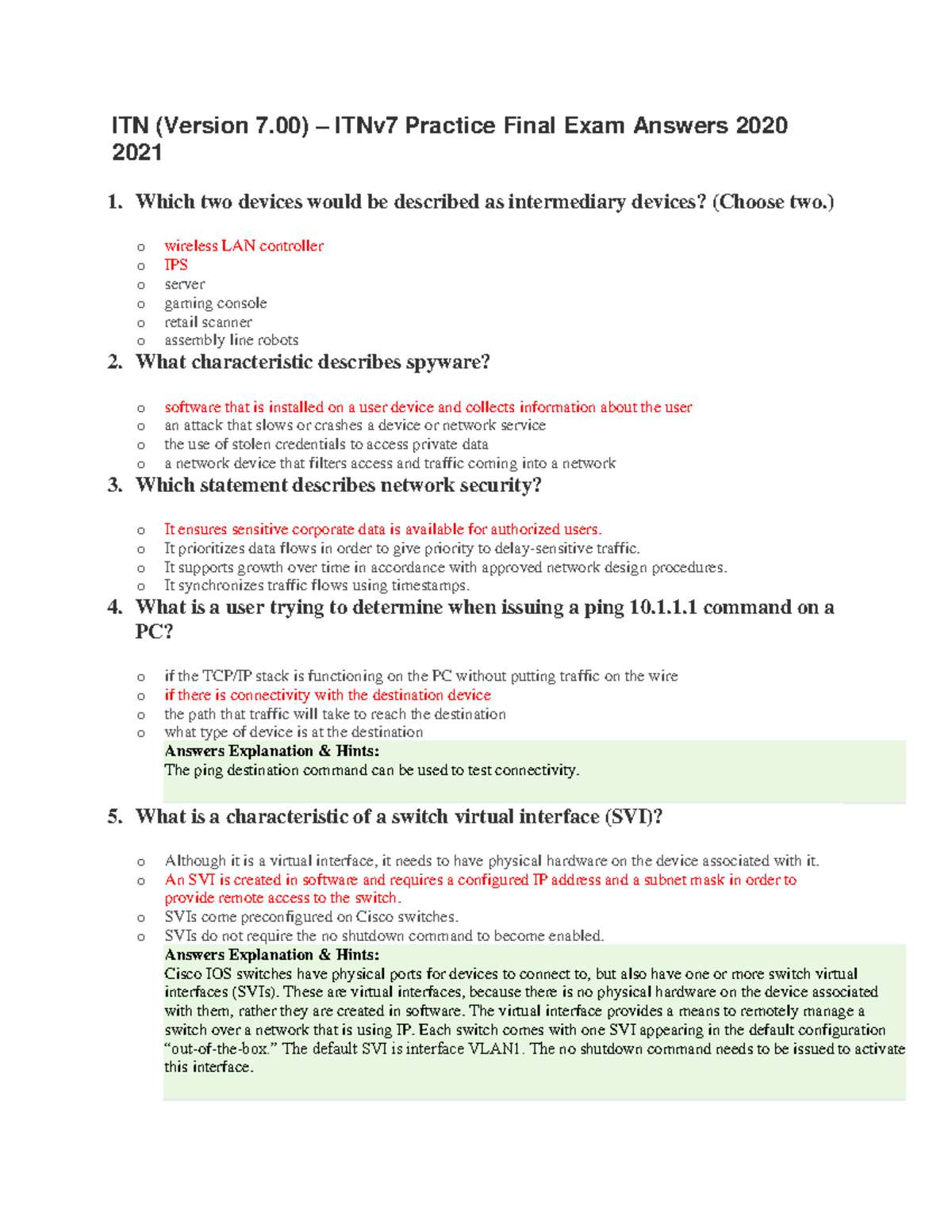 CCNA1 v7 – ITNv7 Practice Final Exam Answers 2020-2021 - Studocu