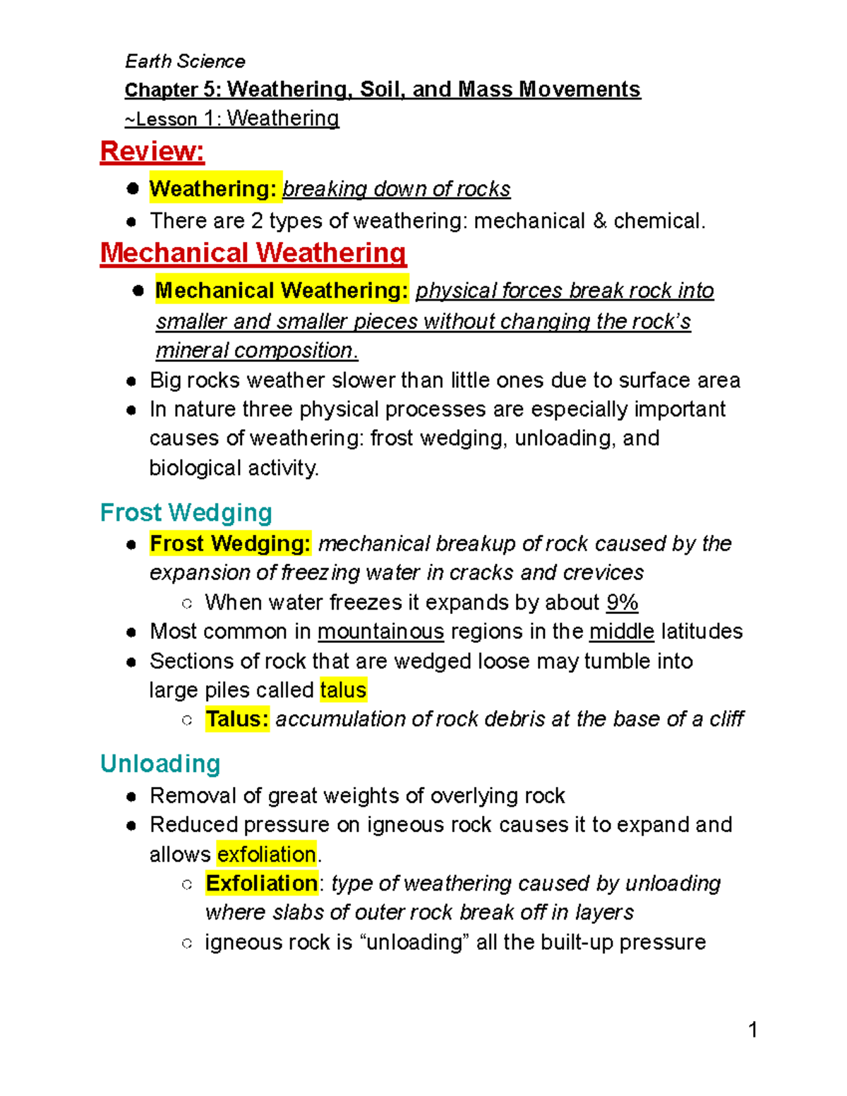 E.S. 5.1 Weathering Notes: Understanding Weathering Processes - Studocu