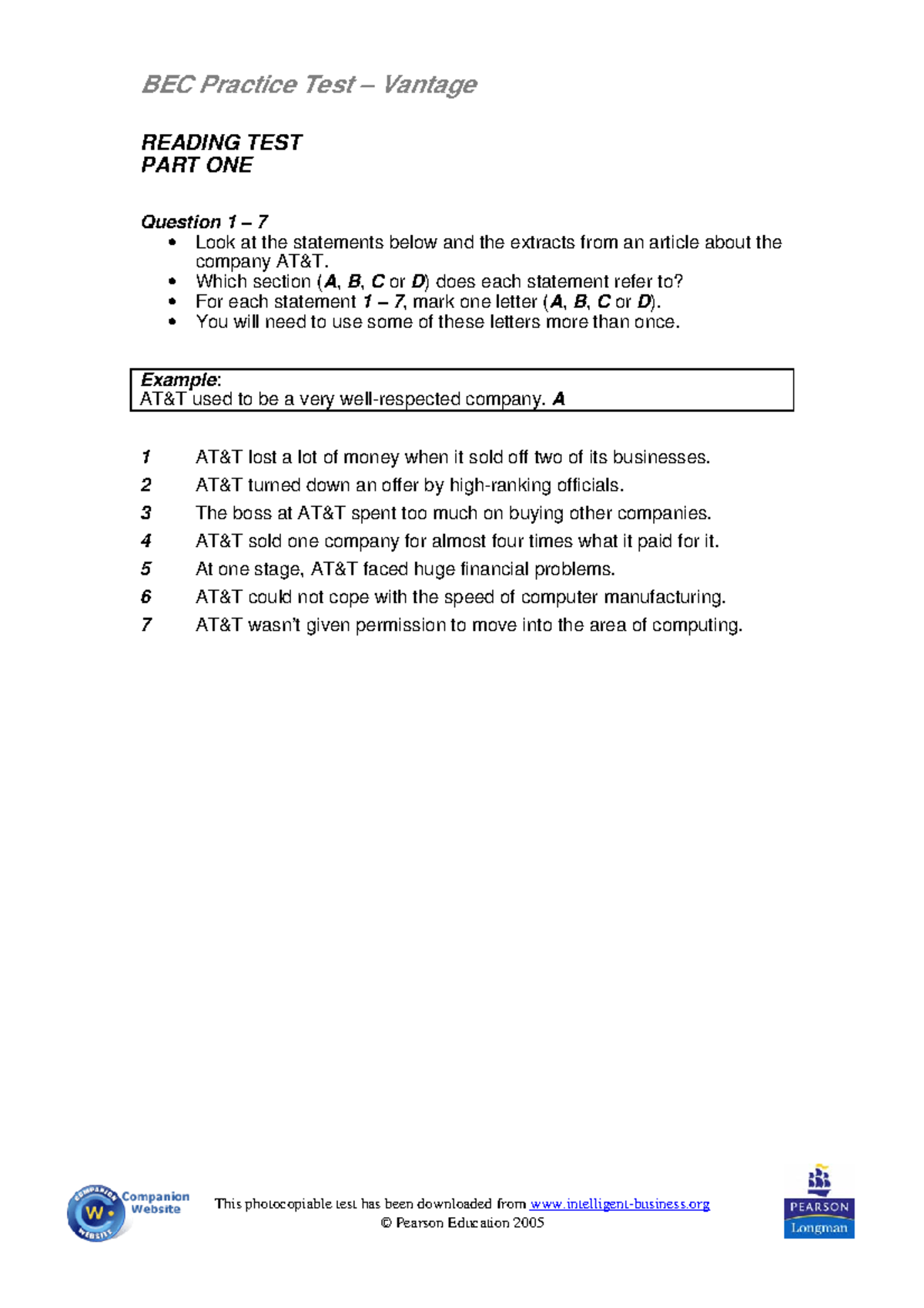 BEC Vantage Reading Test Part 1: AT&T Case Study Insights - Studocu