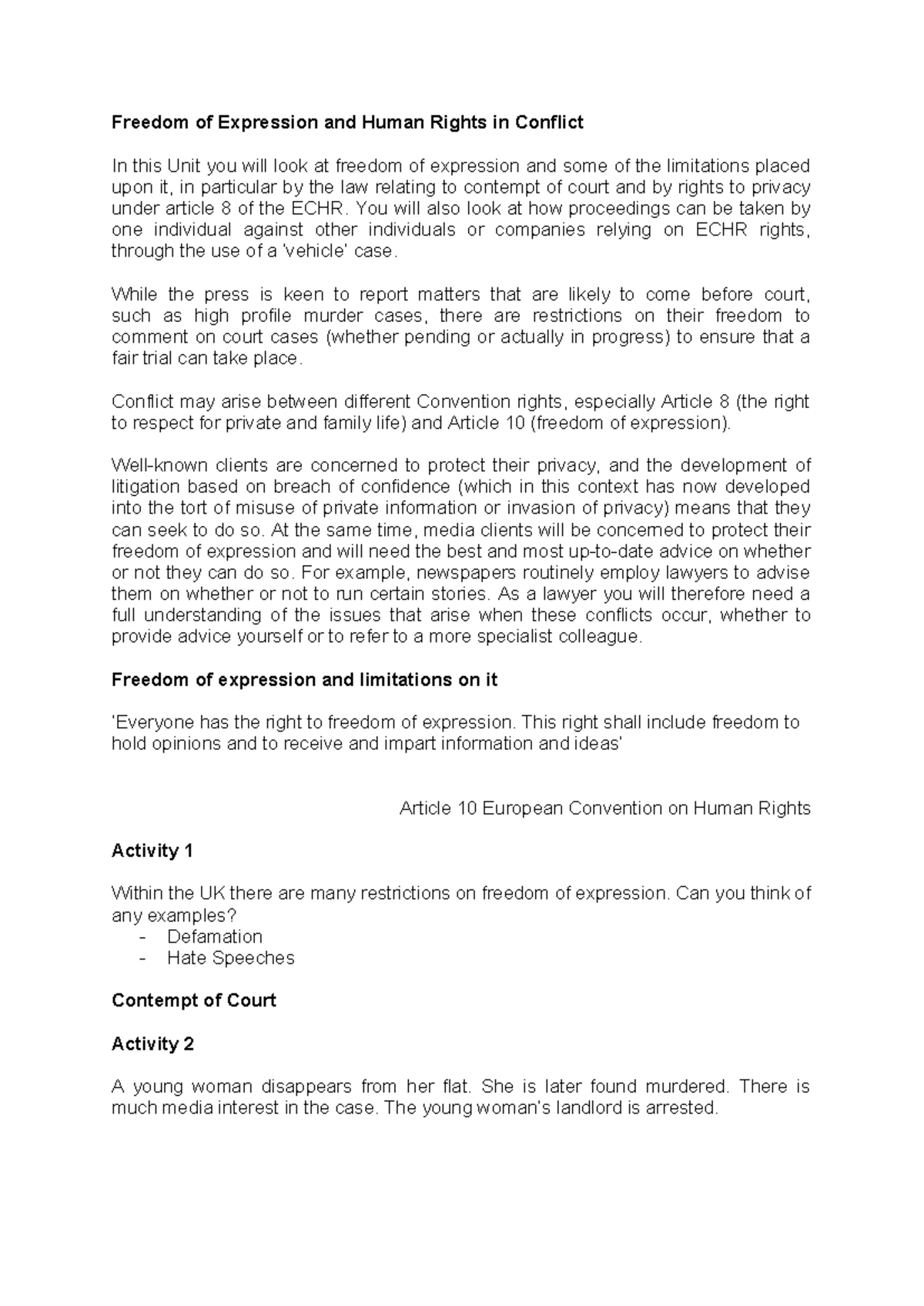 Public Law - Unit 9: Freedom of Expression vs. Human Rights Conflicts ...