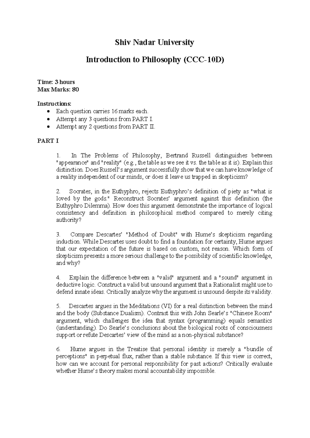 Philosophy Sample QP - Shiv Nadar University Exam Notes - Studocu