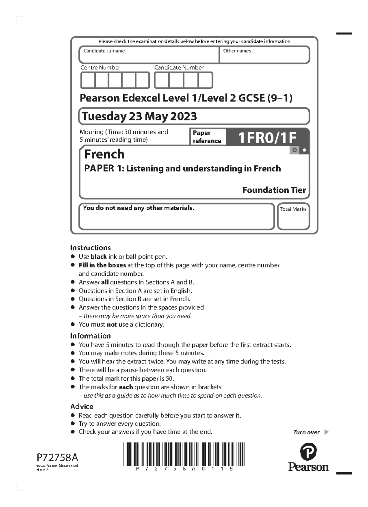 EFR311: GCSE French Listening Exam Paper - May 2023 - Studocu