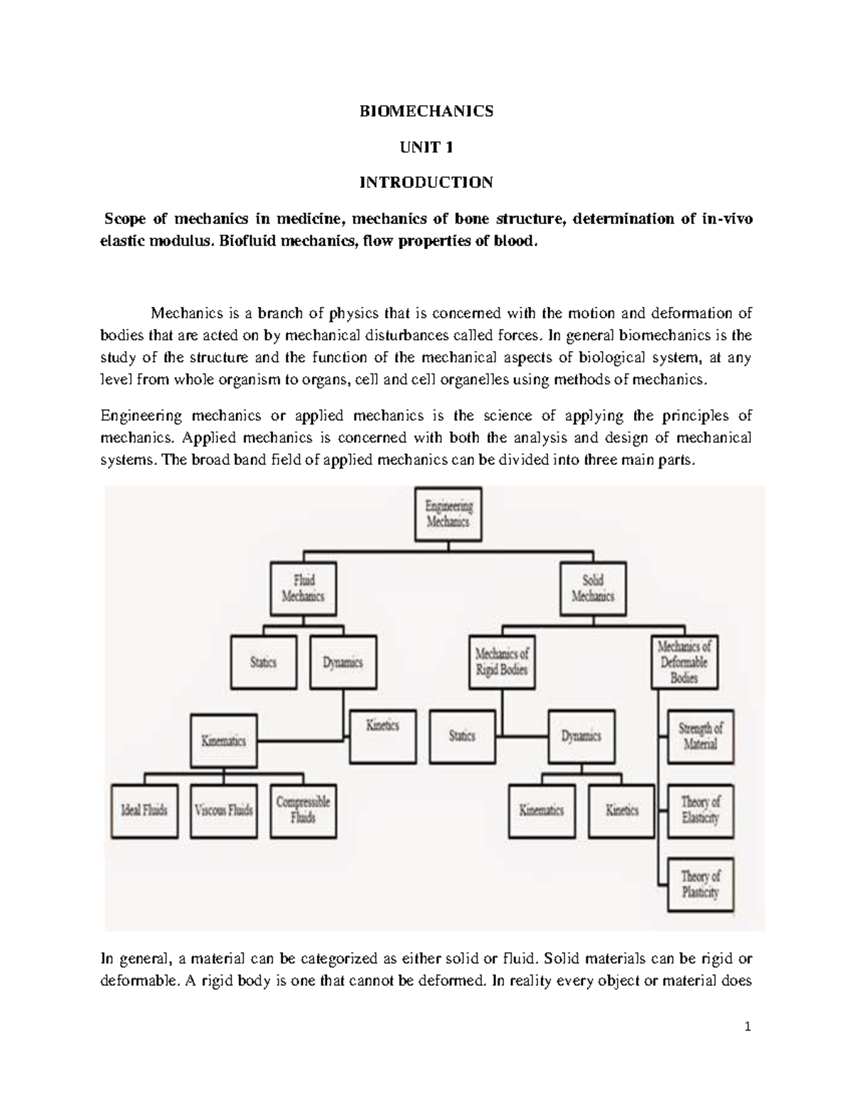 BMAO UNIT 1 - Introduction to Biomechanics and Biofluid Mechanics - Studocu