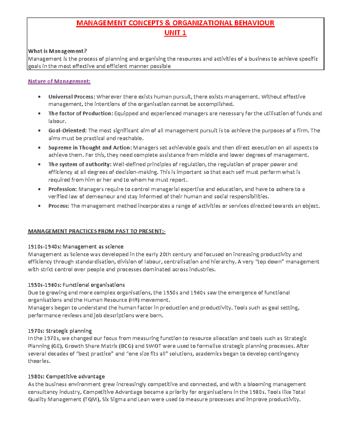 MCOB Unit 1 Notes: Management Concepts for 1st Year MBA - Studocu