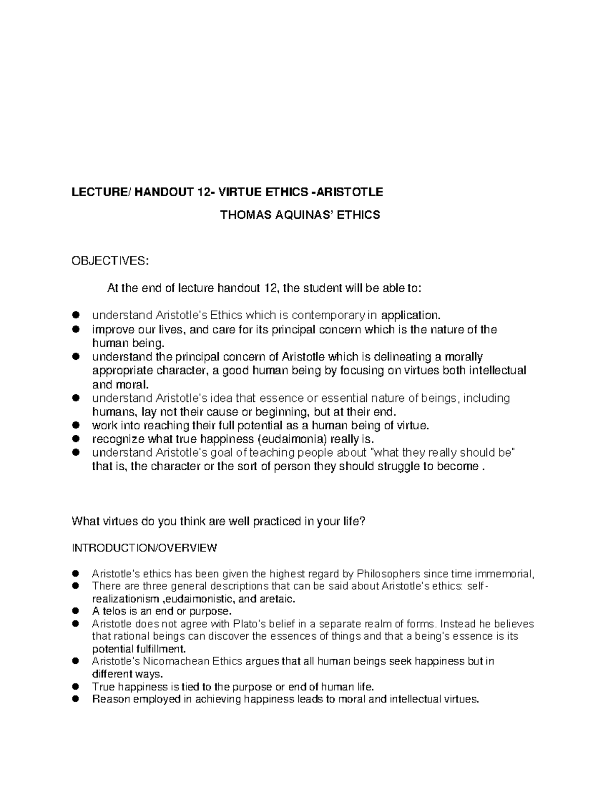 Ethics 101 - Virtue of Ethics - LECTURE/ HANDOUT 12- VIRTUE ETHICS ...
