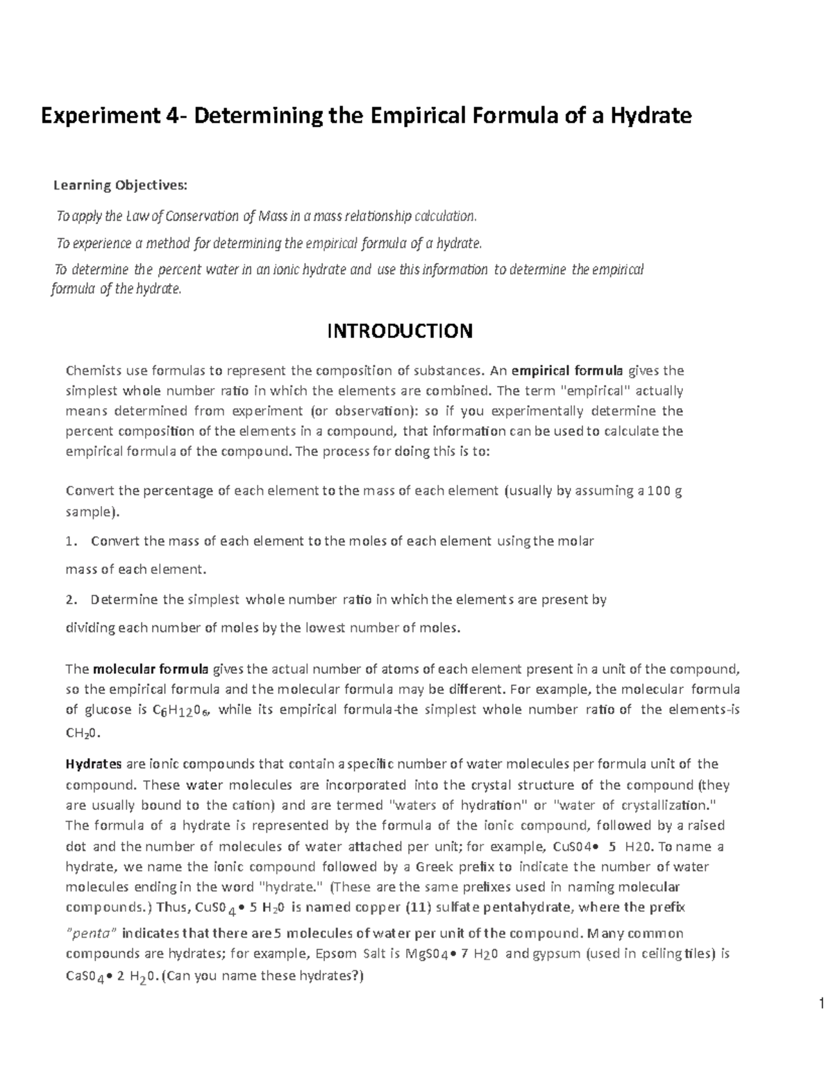 Lab 4: Determining the Empirical Formula of a Hydrate - Final Report ...