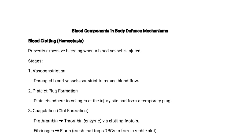 Blood Components in Body Defence Mechanisms: Notes on Hemostasis and ...