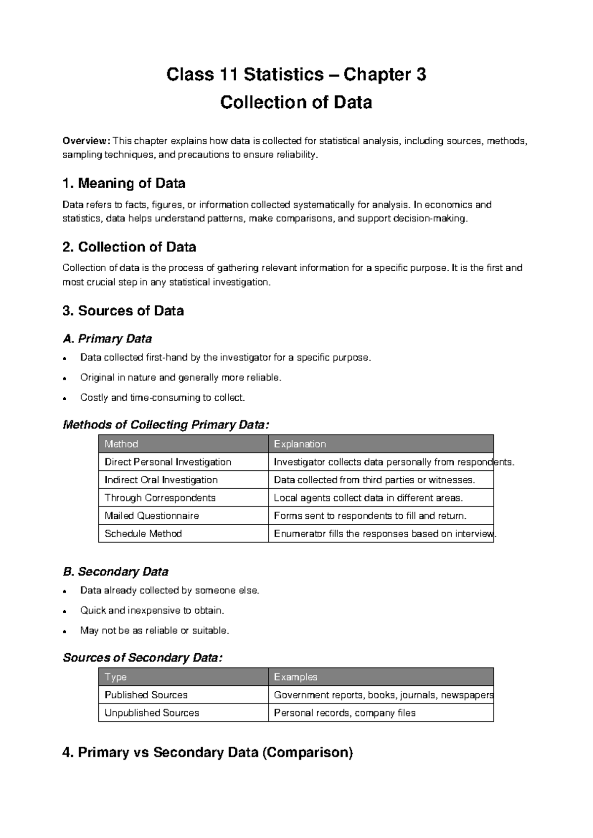 Class 11 Statistics Chapter 3: Data Collection Overview Notes - Studocu
