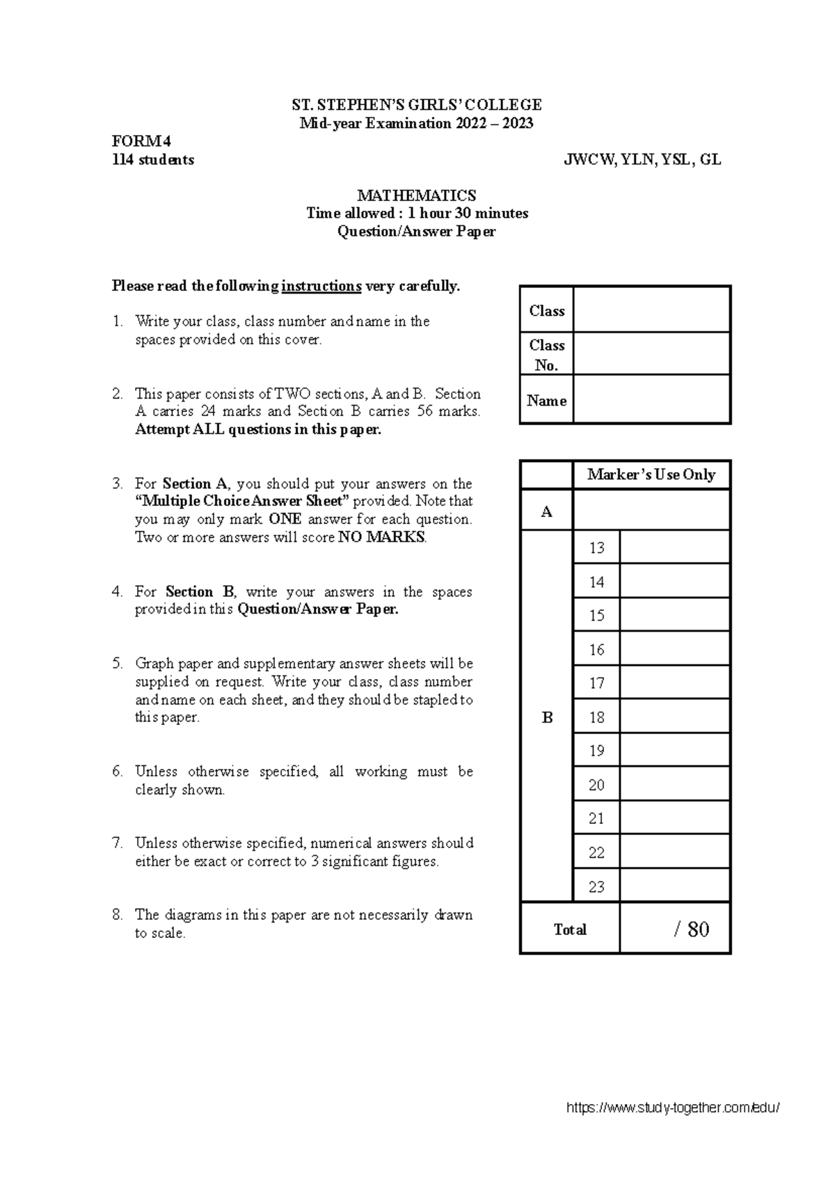 Mid-Year Exam 2022-2023 Form 4 Mathematics Past Paper - Studocu