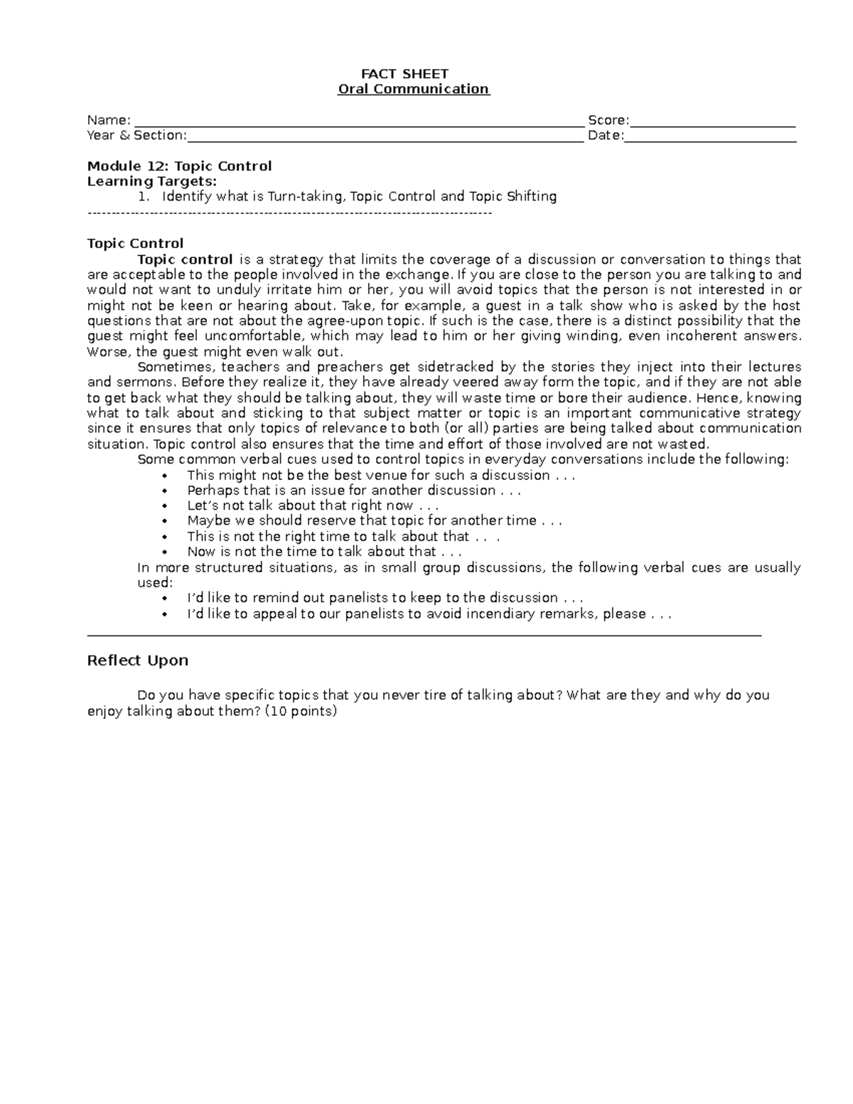 Module 12: Fact Sheet on Topic Control in Oral Communication - Studocu