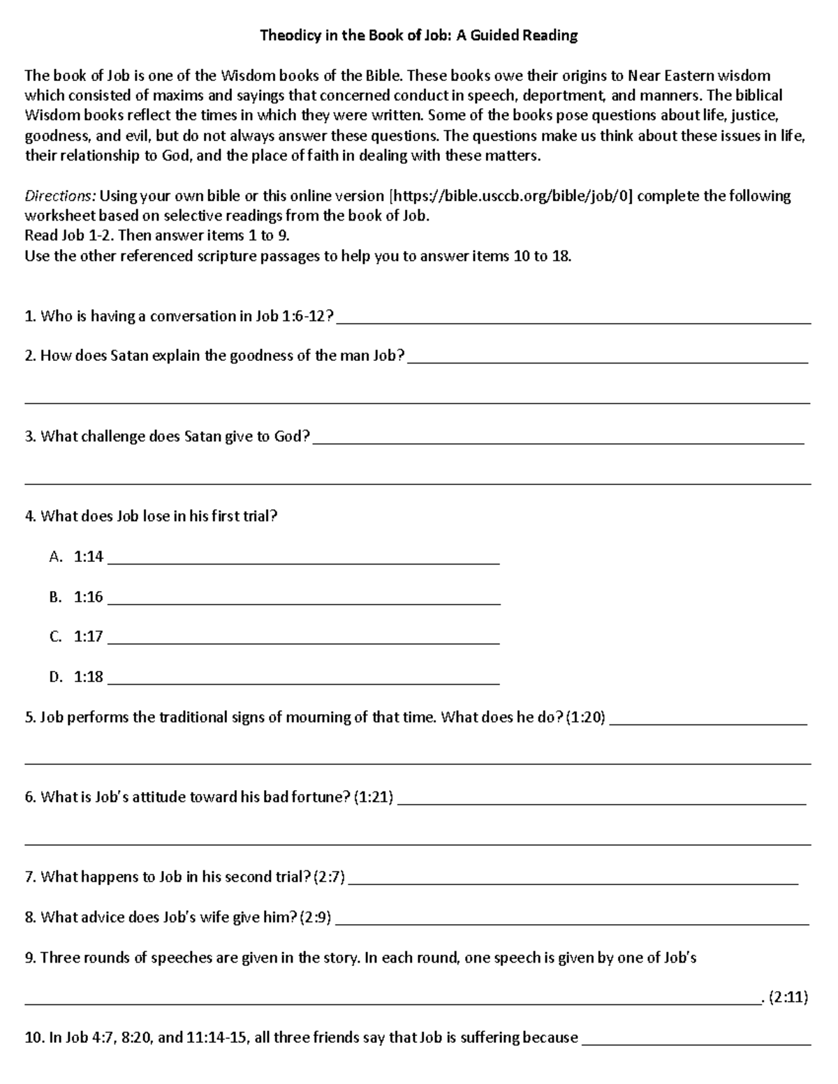 The Problem of Evil in Job: A Guided Reading Worksheet - Studocu