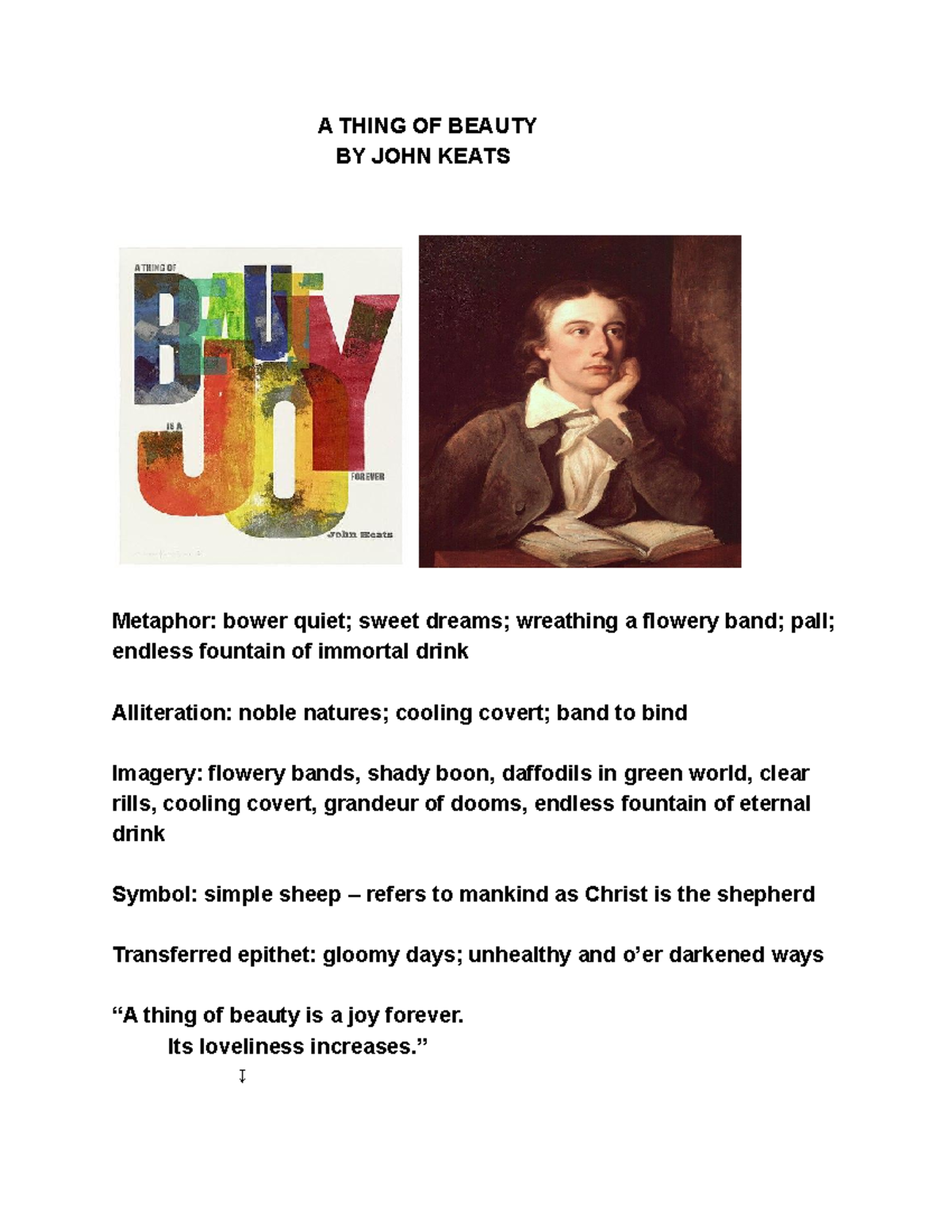 A THING OF BEAUTY: Analysis of John Keats' Poem - Studocu