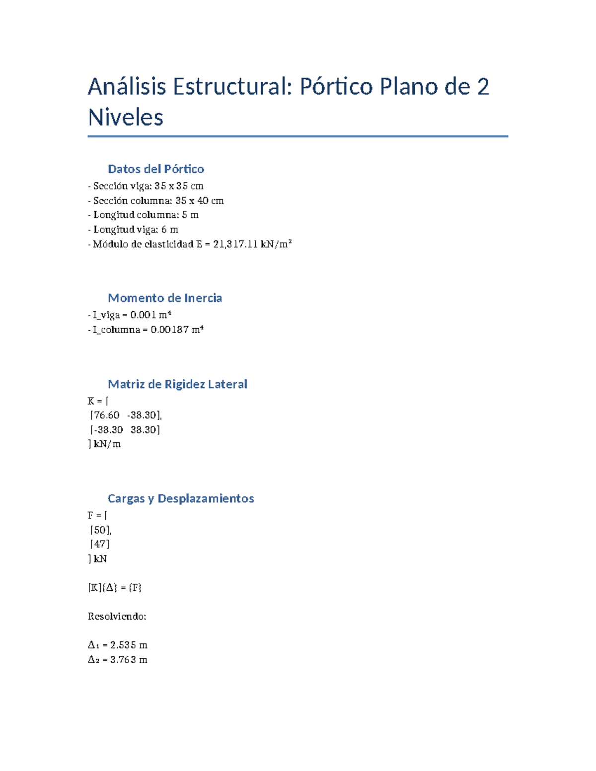 Análisis Estructural del Pórtico Plano de 2 Niveles - Datos y ...