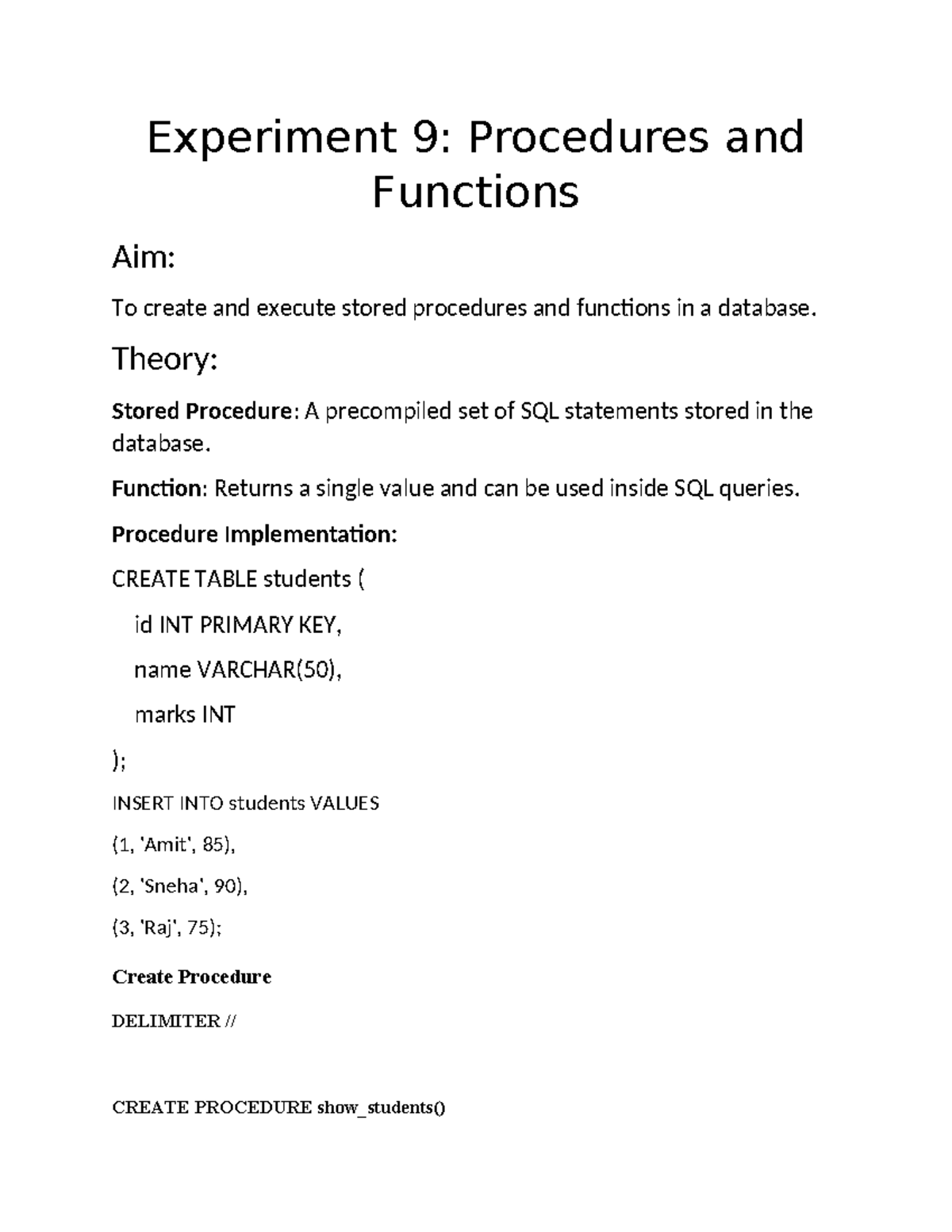 DBMS Experiment 9: Stored Procedures & Functions Overview - Studocu