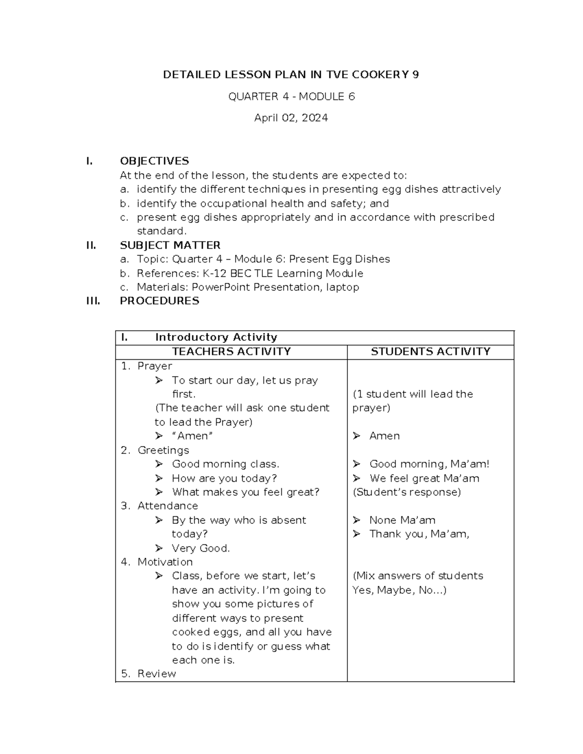 Detailed Lesson Plan: Cookery 9 - 4th Quarter Module 6 - Egg Dishes ...