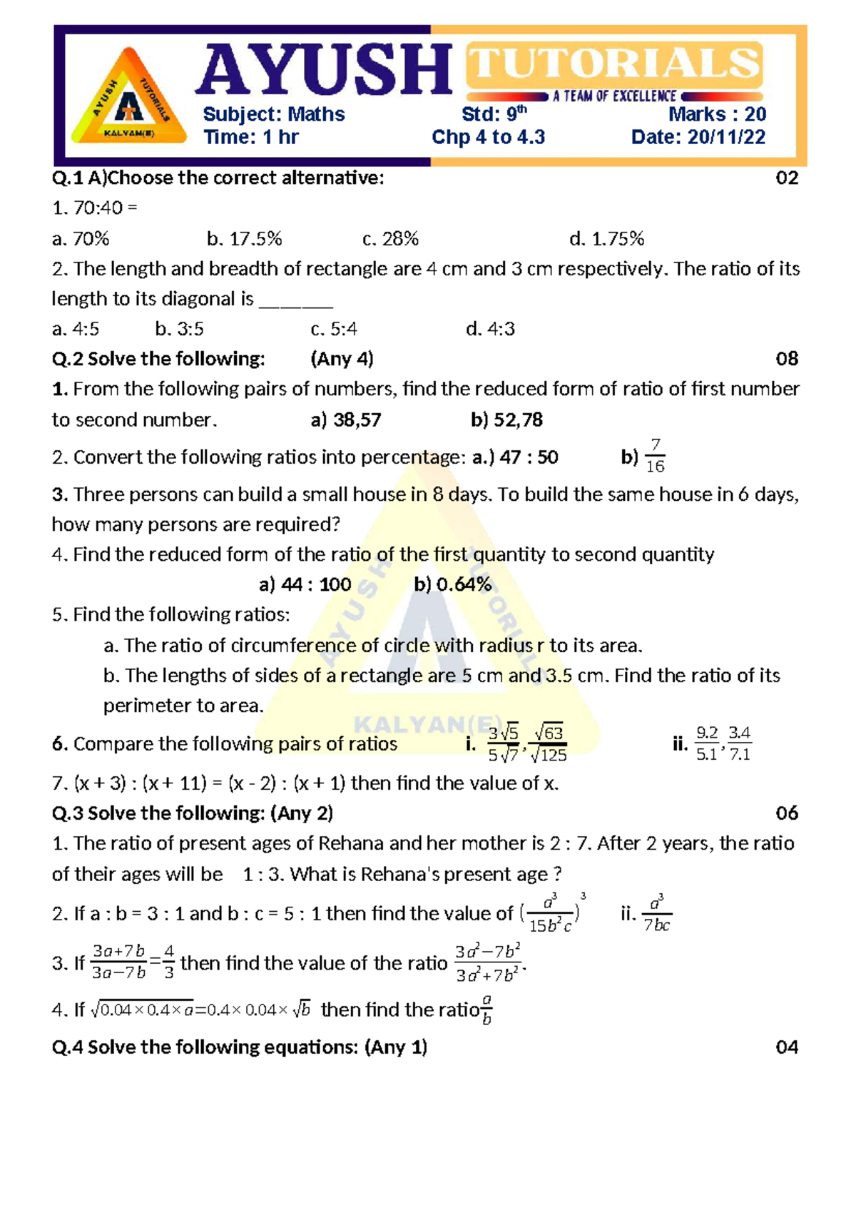 9th Maths Quiz: Chapter 4 - Ratios and Proportions - Studocu