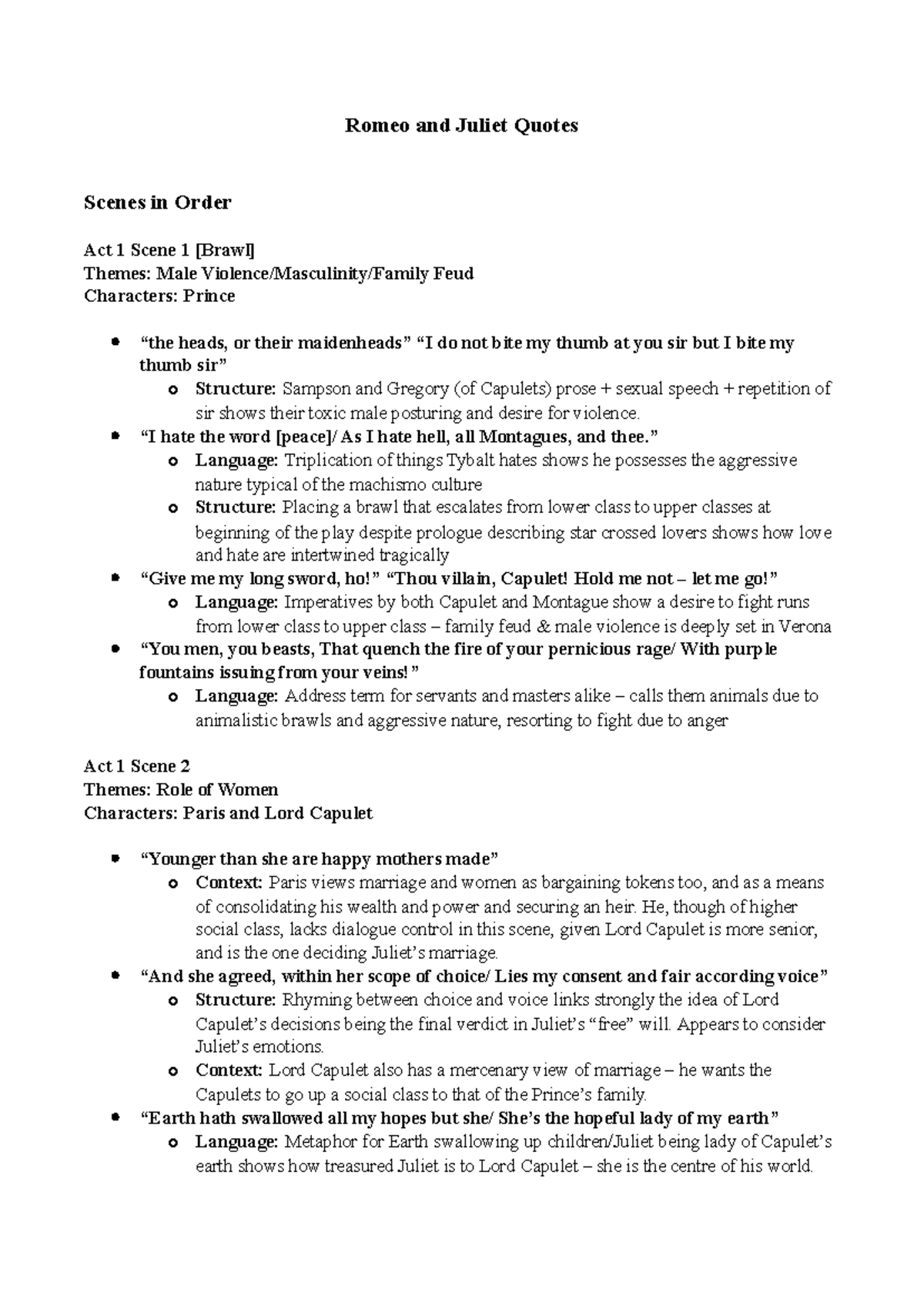 Romeo and Juliet (ENG 101) Quotes for Memorisation: Key Themes and ...