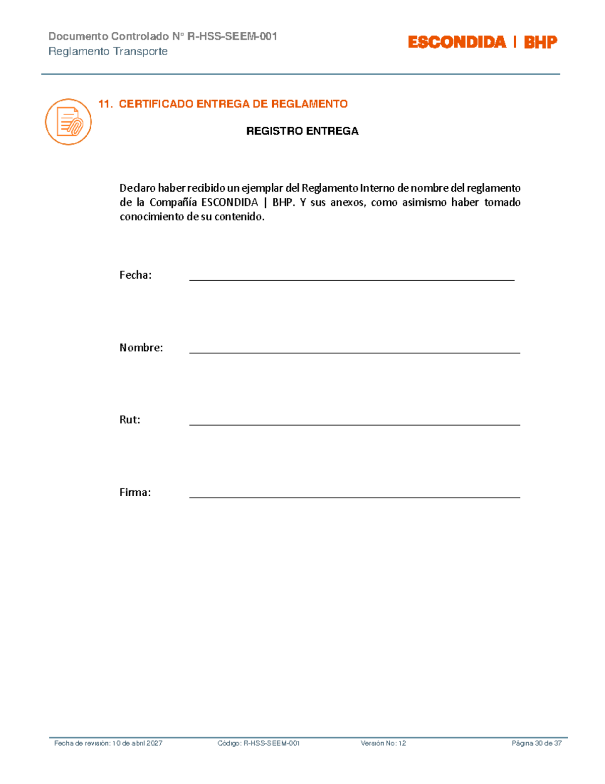 Reglamento de Transporte MEL V12-31 - Documento Controlado N° R-HSS ...