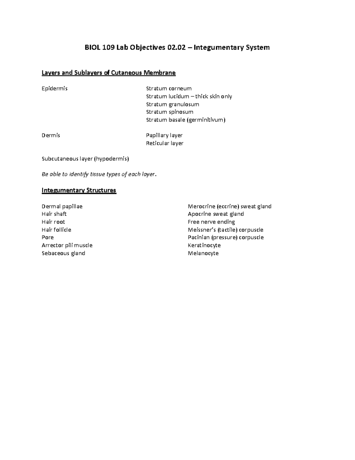 BIOL 109 Lab Objectives: Integumentary System Overview - BIOL 109 Lab ...