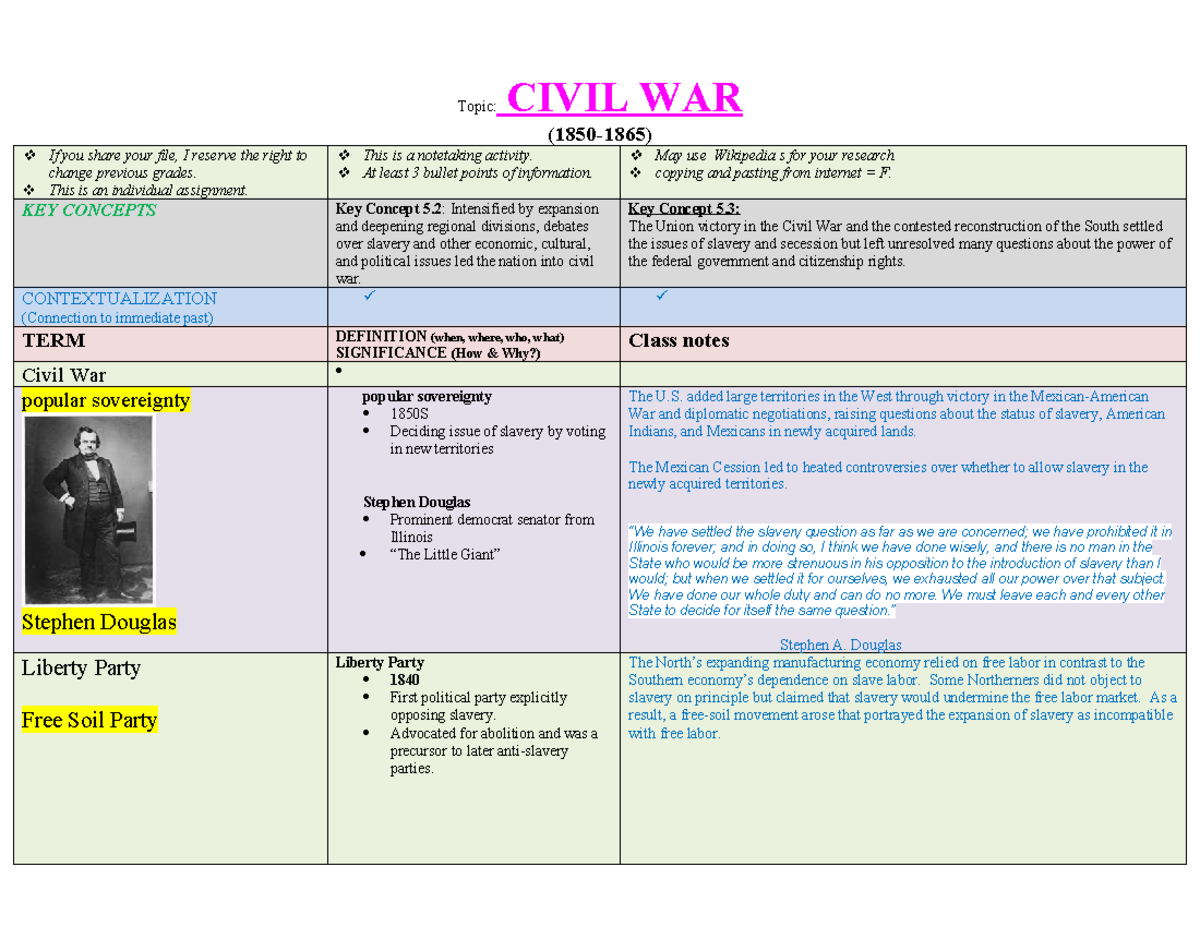 06 Civil WAR - chart - Topic: CIVIL WAR (1850-1865) If you share your ...