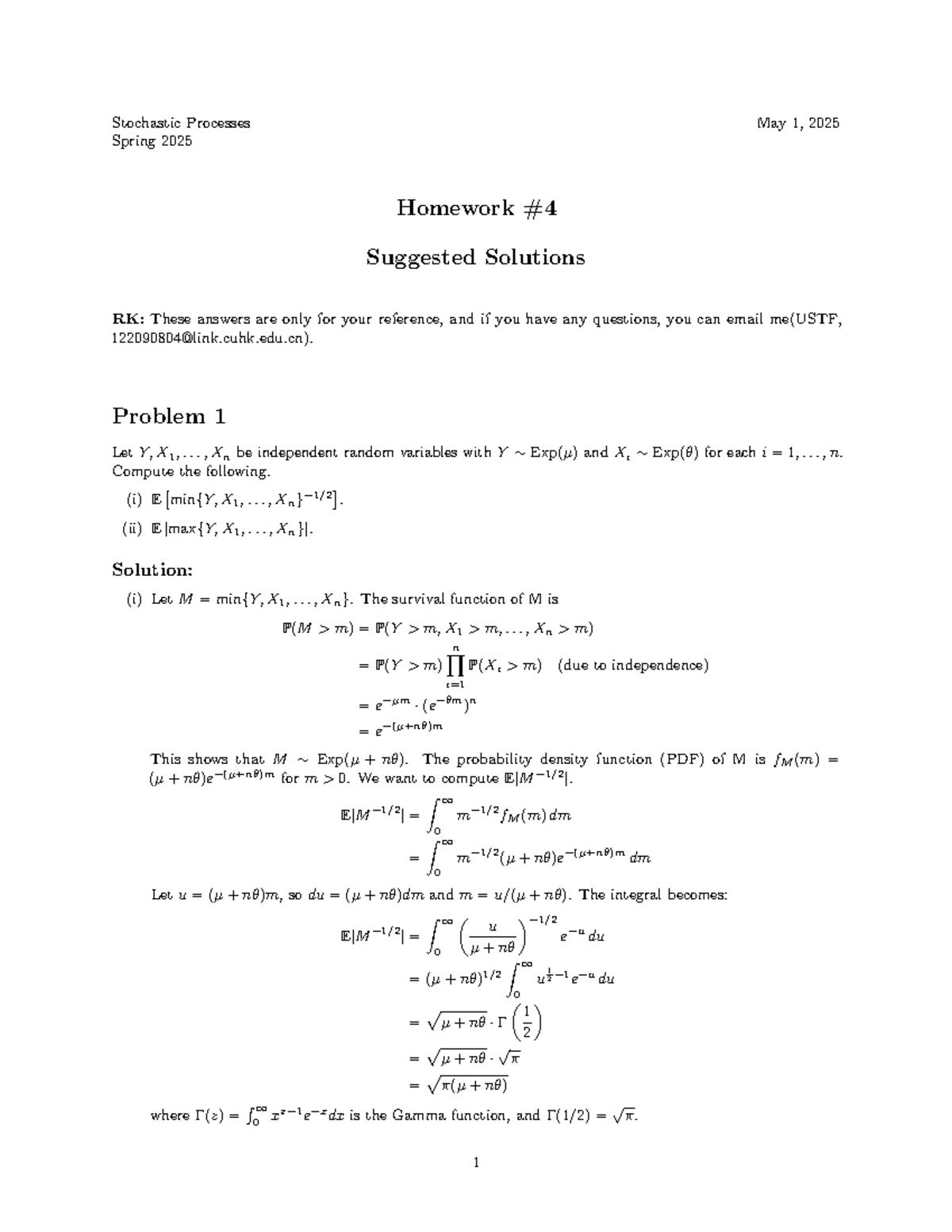 STA4001 HW4 Suggested Solutions for Stochastic Processes Spring 2025 - Studocu
