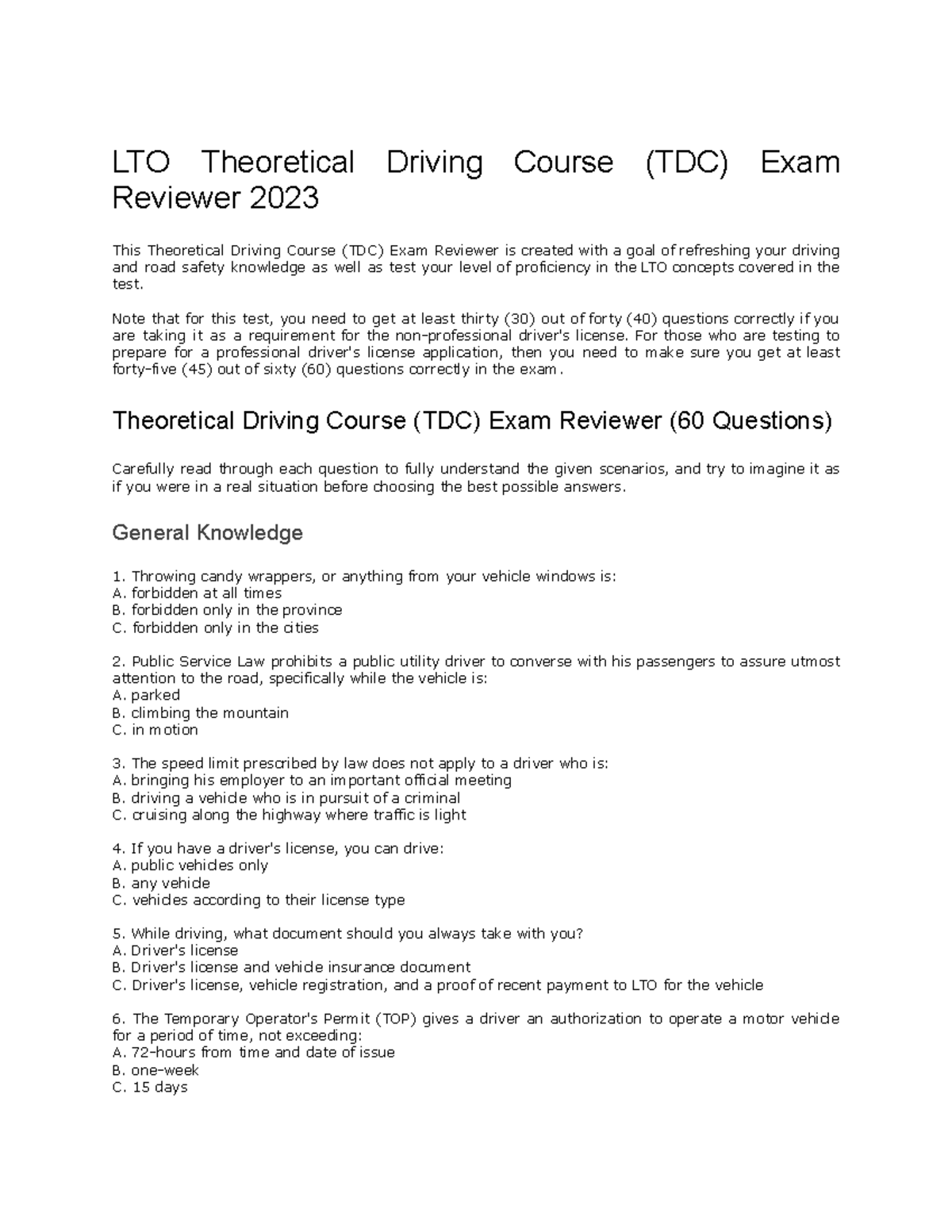 TDC-Reviewer-2023: Theoretical Driving Course Exam Summary - Studocu