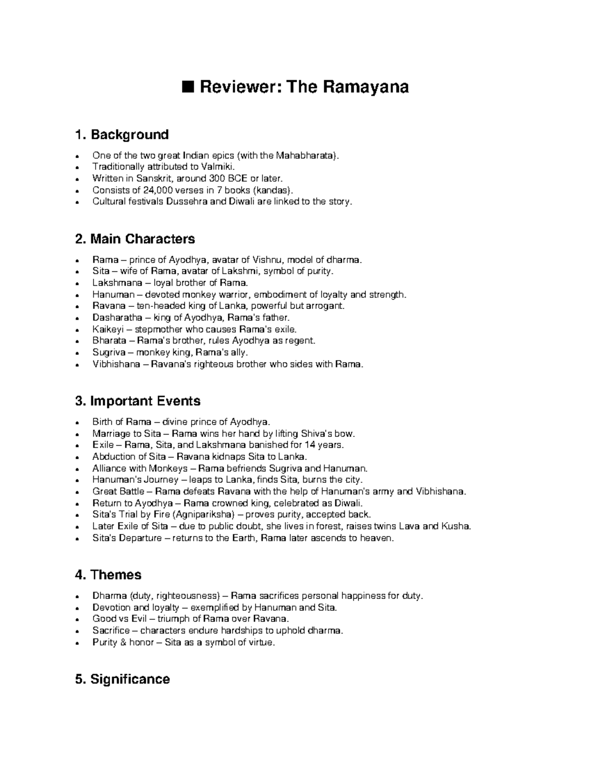 Ramayana Reviewer - Key Themes & Characters Analysis - Studocu