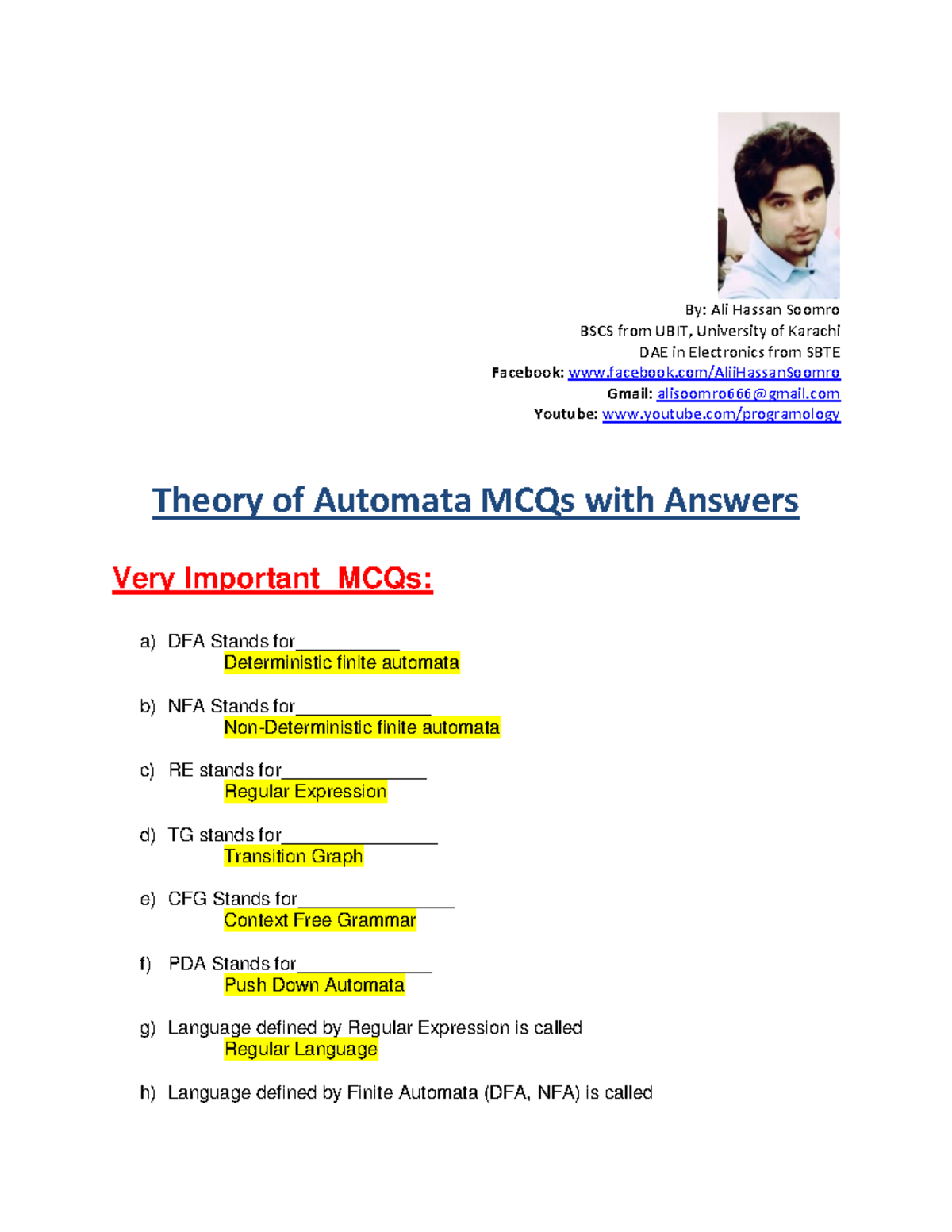 Theory of Automata MCQs with Answers - BSCS 459621118 - Studocu