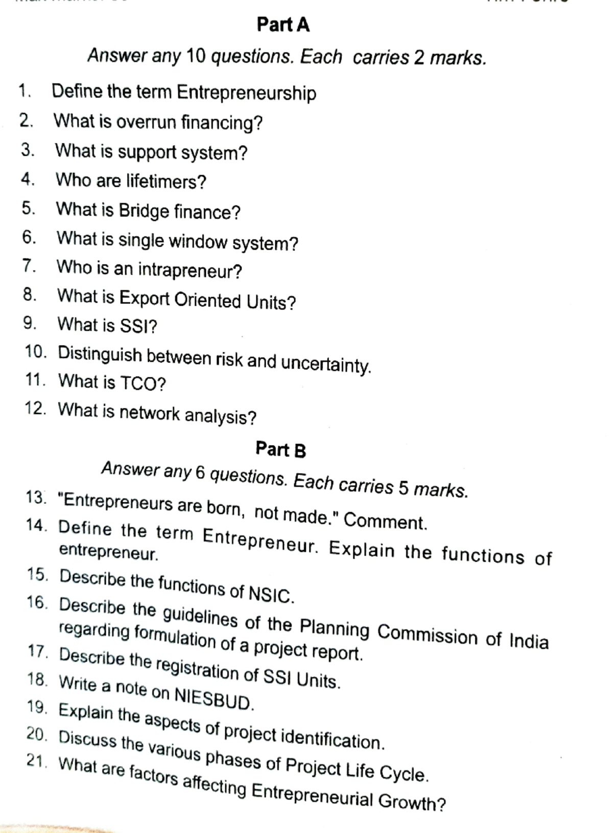 Entrepreneurship model question paper - Part A Answer any 10 questions ...