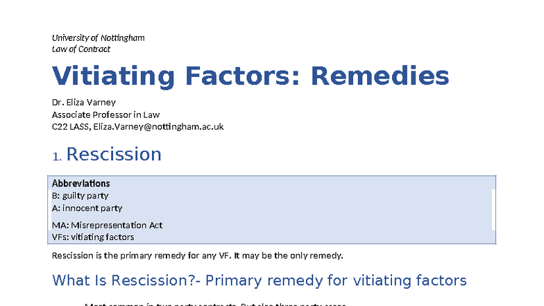 University of Nottingham Law of Contract (C22 LASS) Vitiating Factors ...