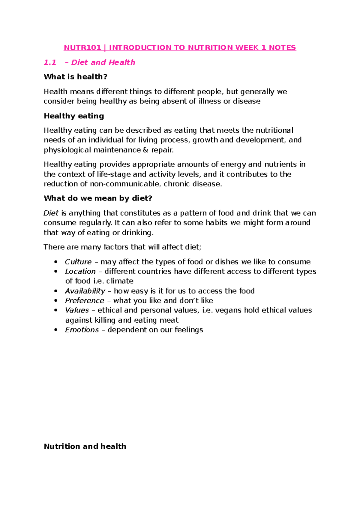 NUTR101 INTRODUCTION TO NUTRITION WEEK 1 STUDY NOTES - Studocu