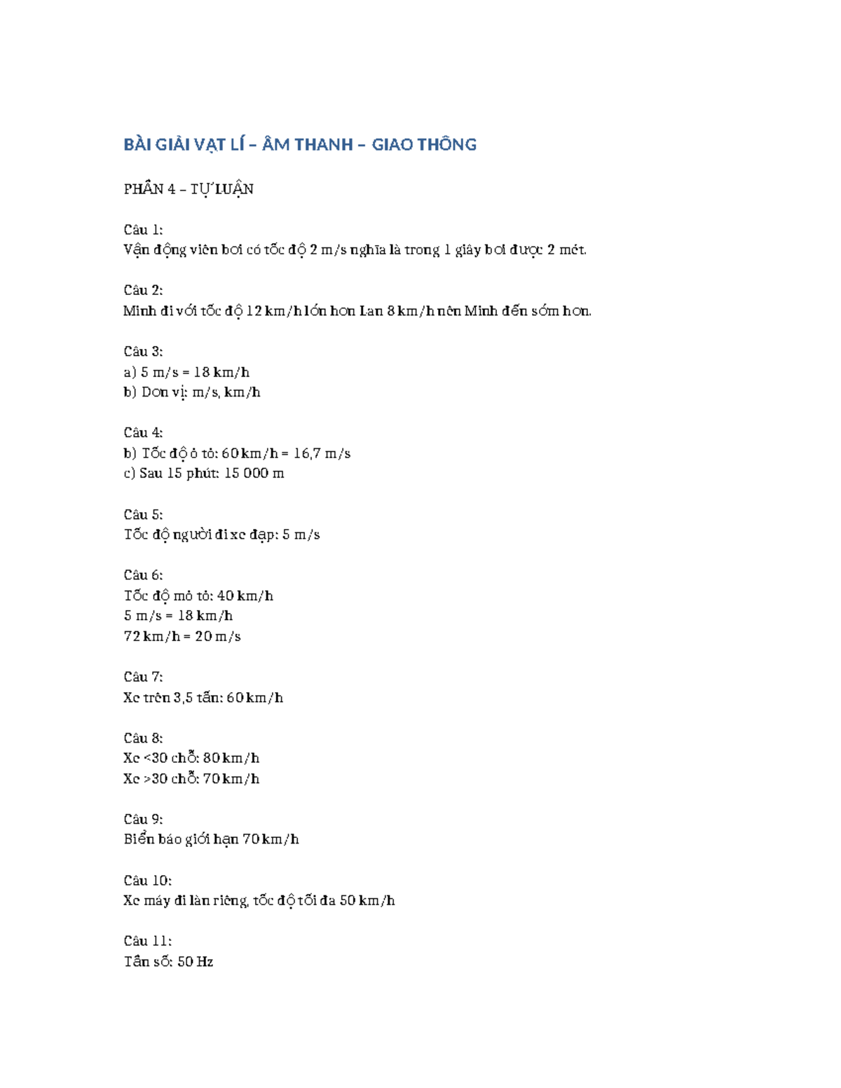 BÀI GIẢI VẬT LÍ ÂM THANH GIAO THÔNG PHẦN 4 TỰ LUẬN - Studocu