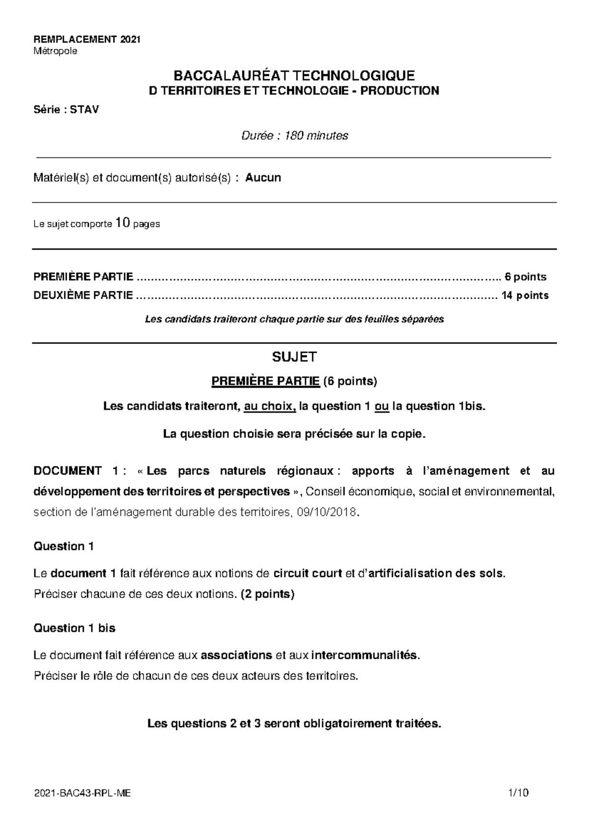 BACCALAURÉAT TECHNOLOGIQUE D 2021 : Métropole STAV - Épreuves et ...
